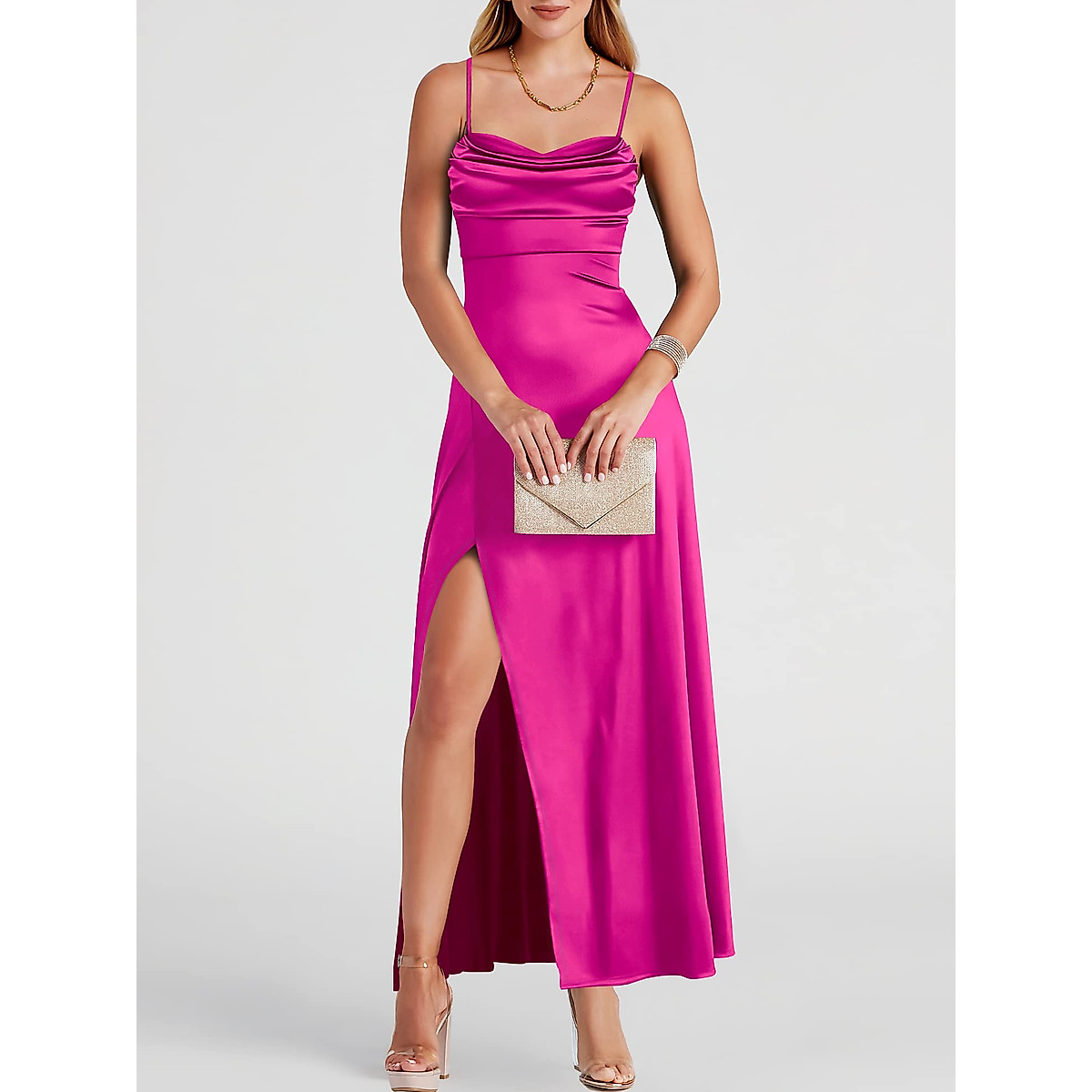 ANRABESS Women Formal Satin Spaghetti Strap Cowl Neck Bodycon Slit Prom Cocktail Maxi Dress Evening Party Rose X-Large