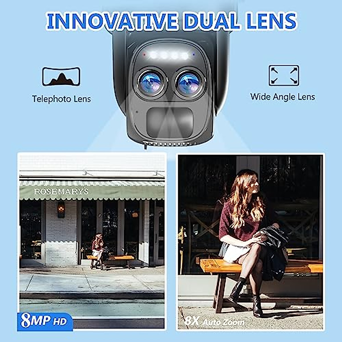 [ 8X Zoom ] 4K 5Dbi Security Cameras Wireless Outdoor, Battery Powered Solar Security Camera Outdoor 360° PTZ WiFi Camera with Spotlight Siren, Motion Detection, Color Night Vision,2-Way Audio, IP66