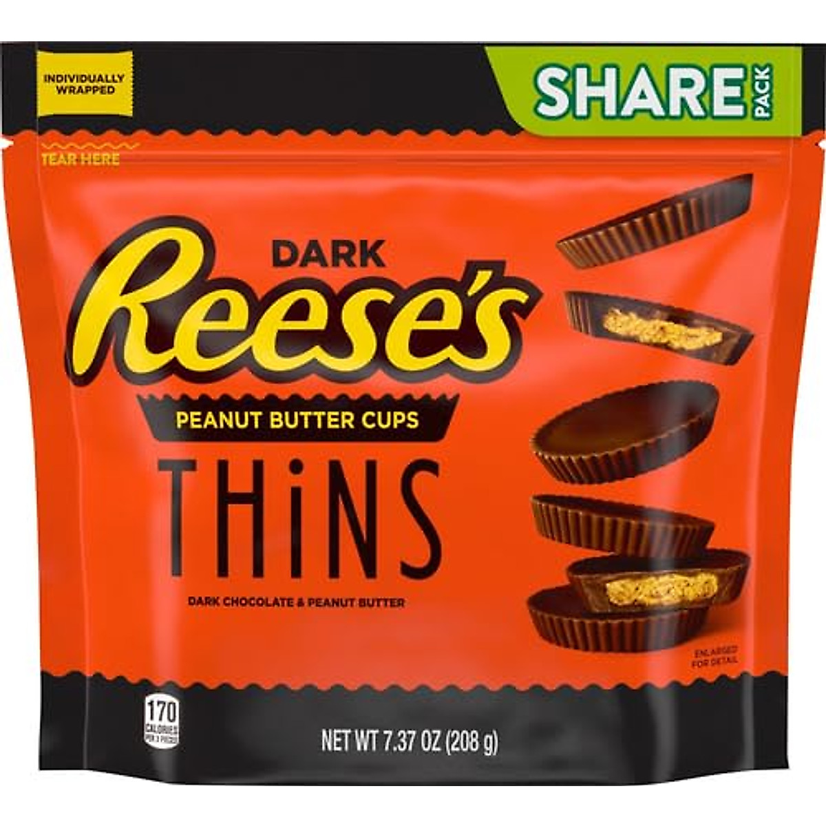 REESE'S THiNS Dark Chocolate Peanut Butter Cups, Candy Share Pack, 7.37 oz
