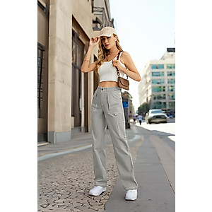 Women High Waisted Cargo Pants Wide Leg Casual Pants Combat Military Trousers Silver Gray