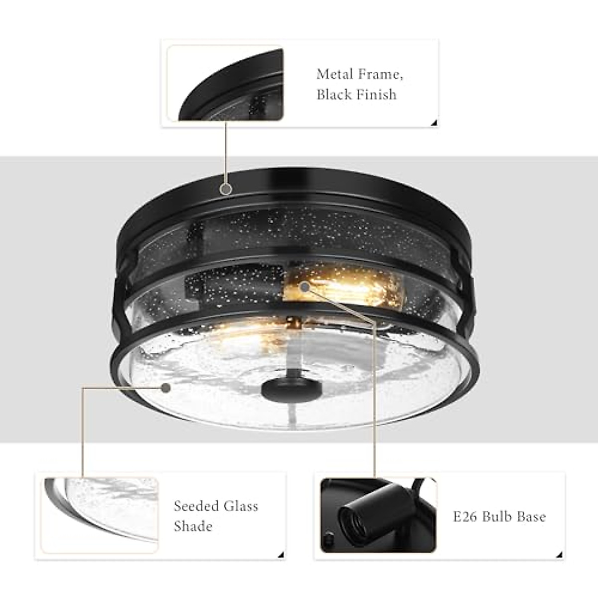 Flush Mount Ceiling Light Fixture, 12 Inch Close to Ceiling Light with Black Metal Cage, Modern Industrial Ceiling Lamp with Seeded Glass for Kitchen Hallway Bedroom Living Room Foyer