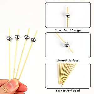 KIMOBER 100PCS Cocktail Picks,Silver Pearl Handmade Bamboo Cocktail Toothpicks for Appetizers Fruit Party,Cocktail Sticks Party Supplies