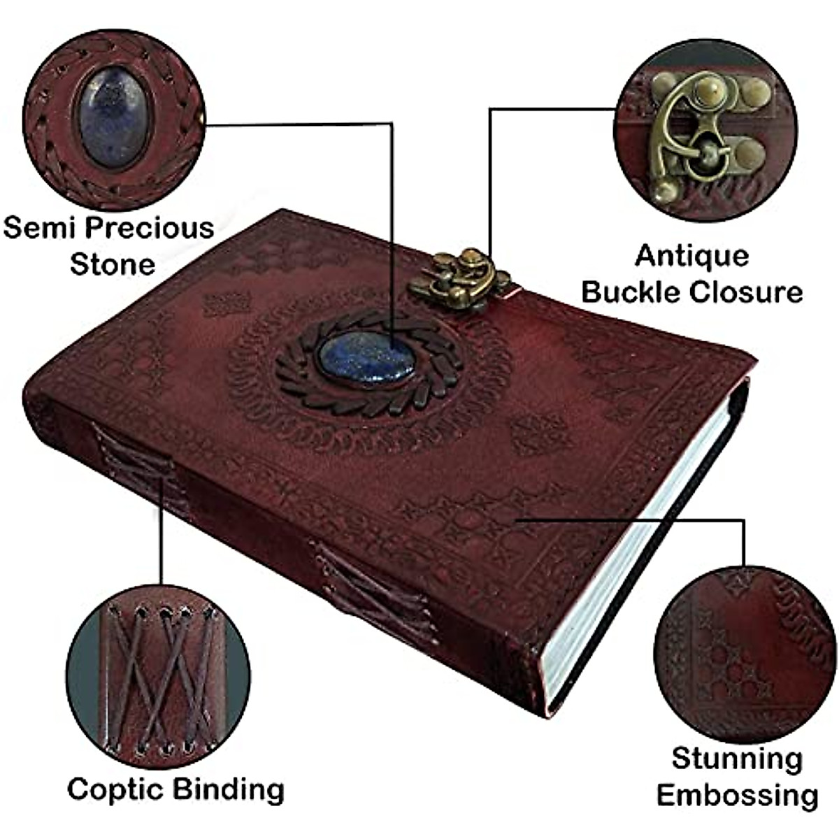 RUSTIC TOWN Leather Bound Journal for Men Women with Semi-Precious Stone & Buckle Closure - Book of Shadow Handmade Leather Travel Writing Notebook Diary Gift for Him Her