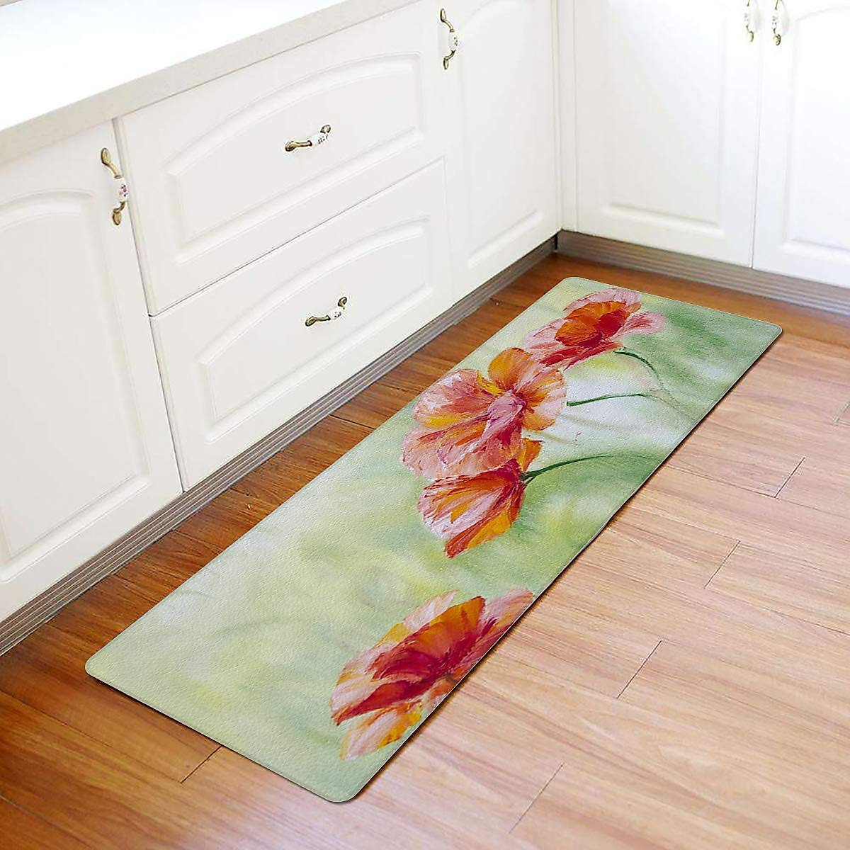 Oil Painting Blooming Poppy Flowers Antifatigue Kitchen Bath Door Mat Cushioned Runner Rug, Washable Welcome Floor Sink Mat, Waterproof & Non-Slip Comfort Standing Doormat for Kitchen, 18"x30"