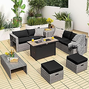 Tangkula 9 PCS Patio Furniture Set with 42” 60,000 BTU Fire Pit, Outdoor Space-Saving Sectional Sofa Set with Storage Box, CSA & ETL Approved Propane Fire Pit Table, Waterproof Covers Included (Black)