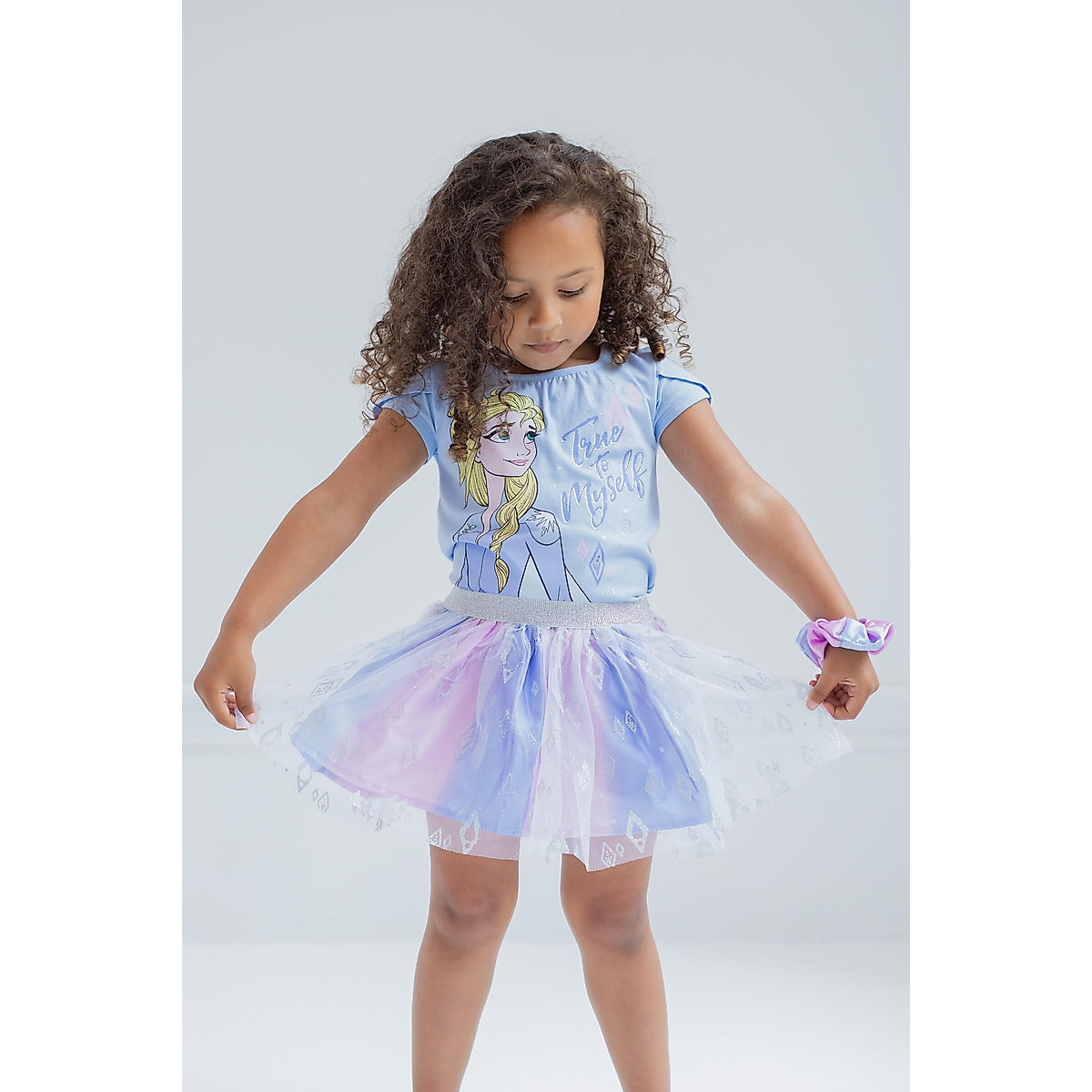 Disney Frozen Elsa Toddler Girls T-Shirt Mesh Skirt and Scrunchie 3 Piece Outfit Set 5T