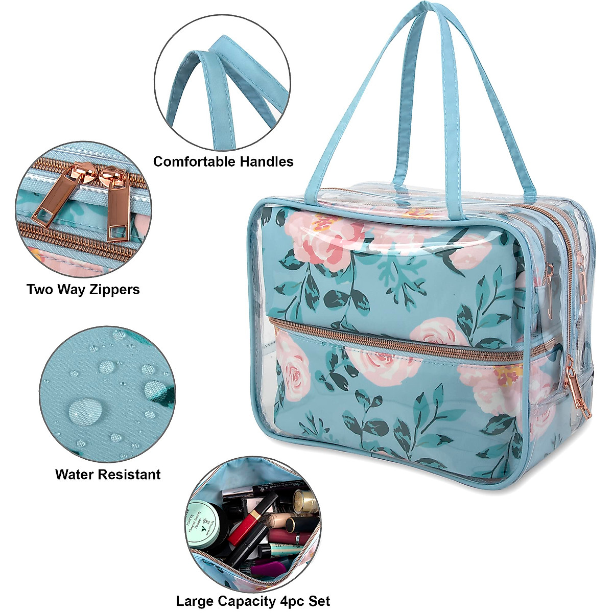 Emma & Chloe 4 Piece Toiletry Bag Set, Waterproof Home, Travel Cosmetic Train Case Makeup Bags for Women with Handle, Zipper – 4 Makeup Bags Set (Floral Florish)