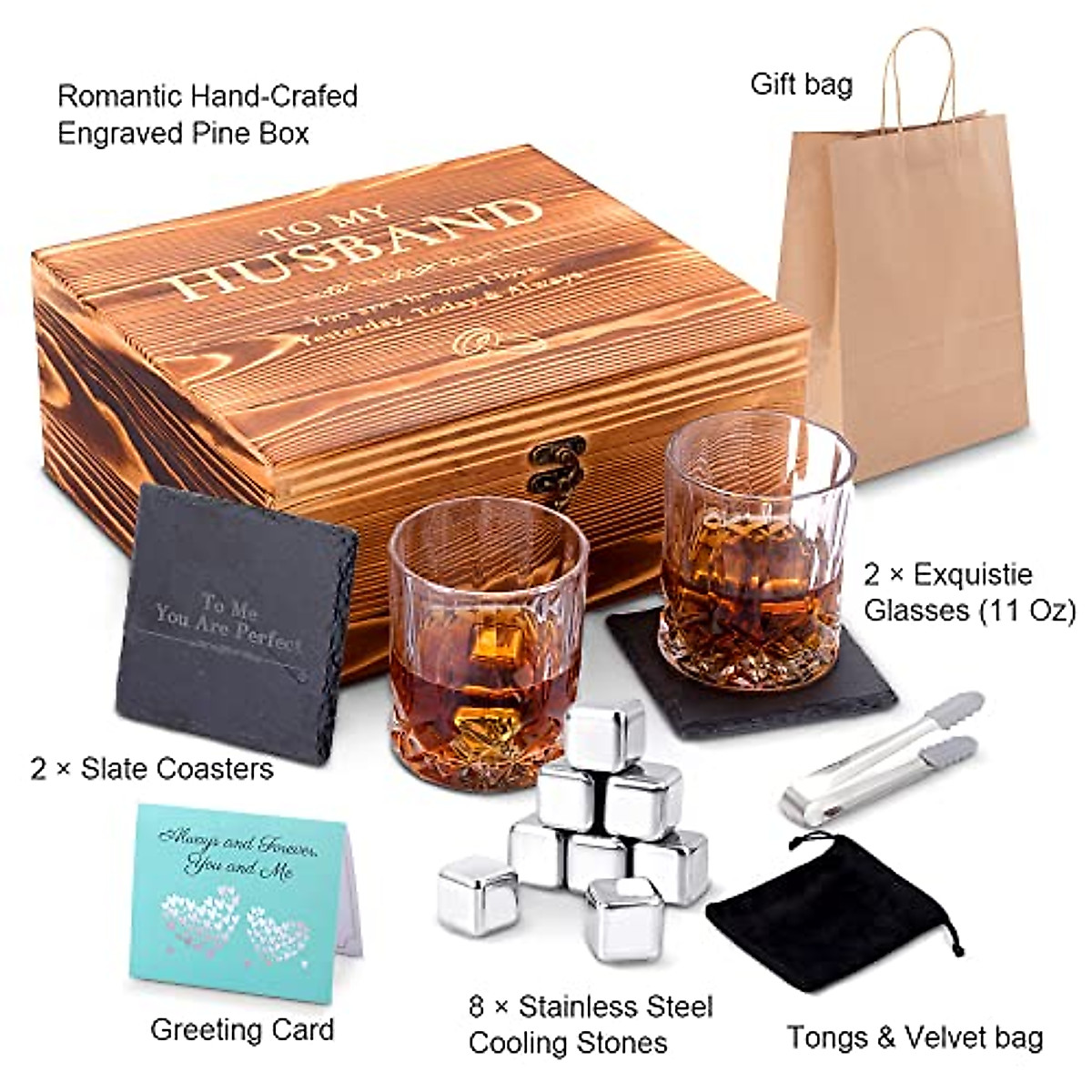 Whiskey Stones Gift Set Anniversary Gi fts for Husband | Him | Men, Husband Birthday | Wedding Anniversary | Valentine's Day Gift, 8 Stainless Steel Whiskey Stones & 2 Whiskey Glasses(11oz)