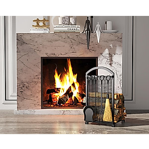 Lizh Metalwork Fireplace Log holder with Fireplace Tools, Wrought Iron Indoor Stove Accessories Firewood Rack Holder Lumber Storage Stacking Log Holder Log Bin with Tongs Shovel Poker and Brush