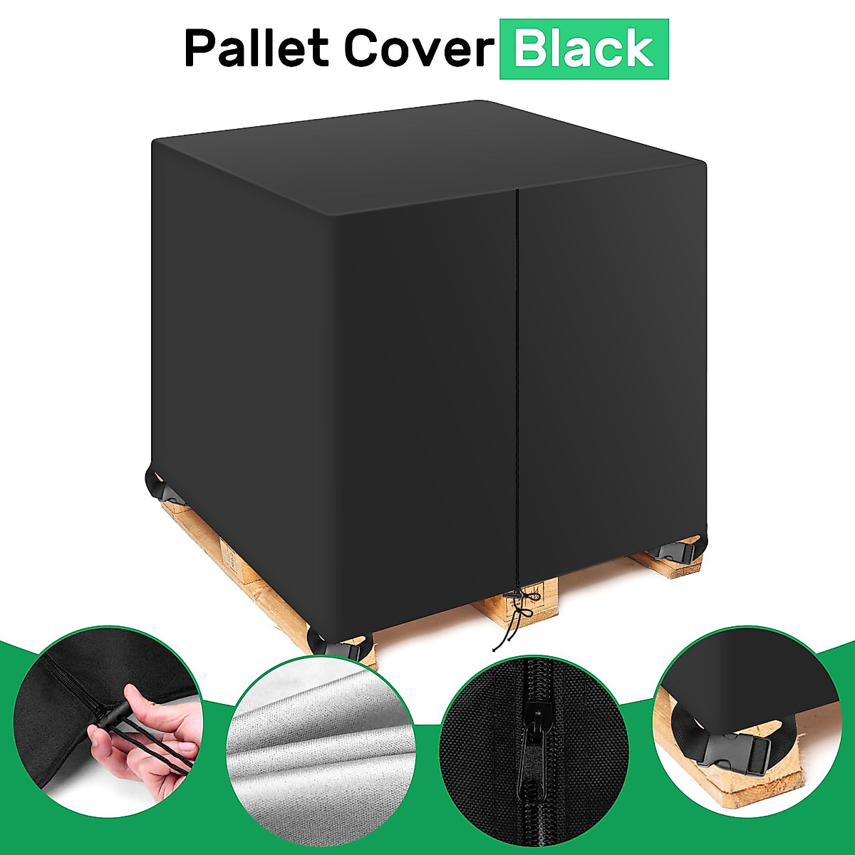 Nathdy zipper 600D Heavy Duty Black Pallet Cover | Pallet Covers Fits Large Pallets Up to 48" x 60" x 48" | Waterproof,Weather Resistant, Anti-UV, with Adjustable Velcro Strap