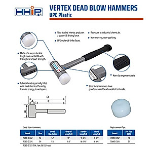 HHIP Pro Series 7080-0302 Vertex Dead Blow Hammer, Deadblow Mallet w/UPE Plastic Face, 1.2” Diameter Steel Shot Head, Non-Marring, 16 oz