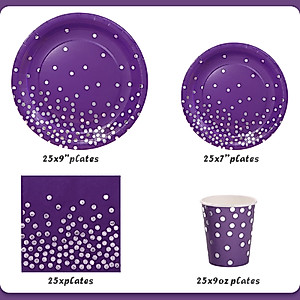175PCS Purple Party Decorations Purple Plates and Napkins Party Supplies for 25 Guest,Purple and Silver Party Decorations Purple Paper Plates for Baby Shower,Wedding,Birthday,Graduation Party