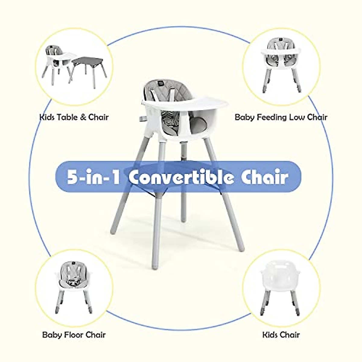 BABY JOY 5 in 1 Convertible High Chair, Infant Dining Chair Booster Seat with Removable Tray, 5-Point Harness, Detachable PU Leather Cushion, Highchair for Babies and Toddlers of 6-36 Months, Gray