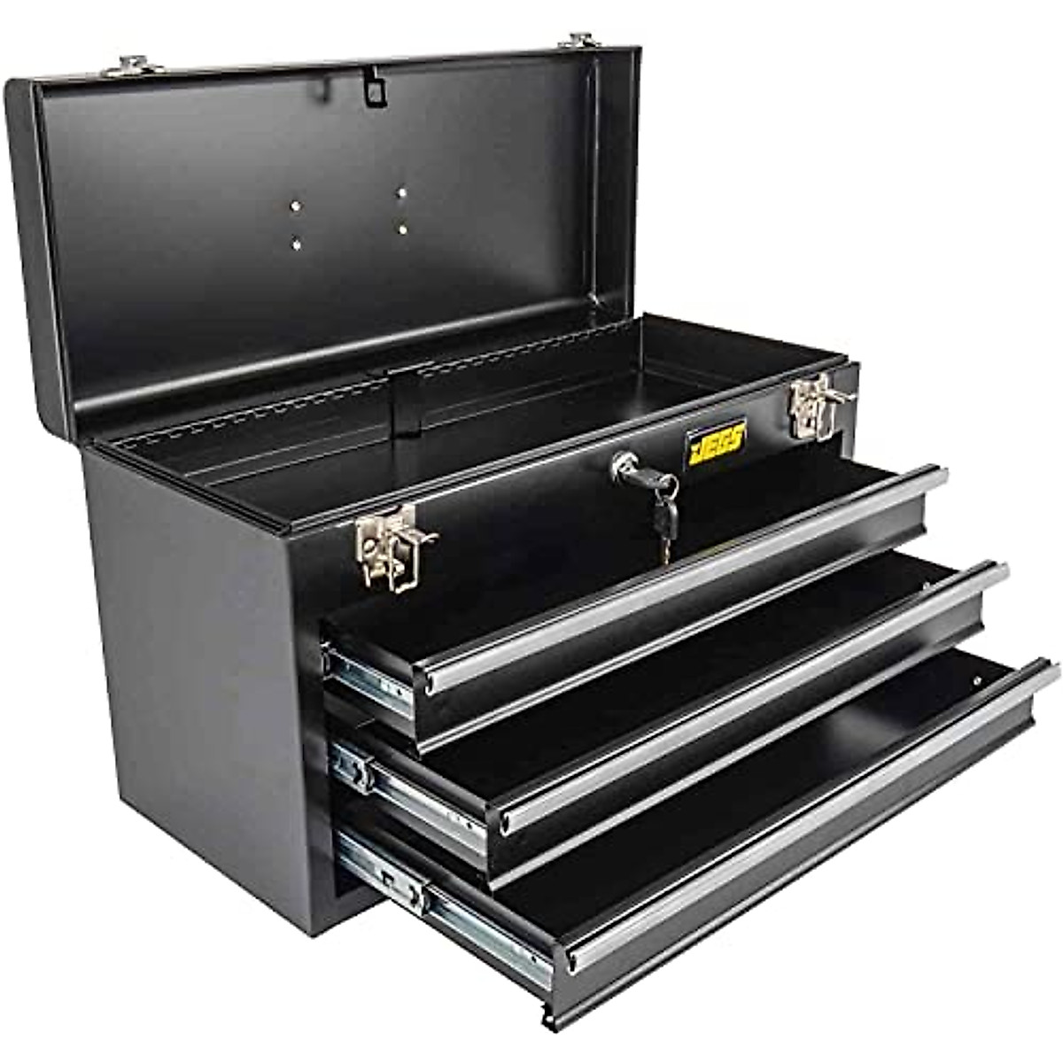 JEGS 3-Drawer Toolbox - Metal Toolbox with Ball-Bearing Drawer Slides - Rust-Resistant Latches - Black Powder Coat Finish - Includes Lock and Keys