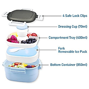 FITHOME Freezer Lunch Box Container,1.3L Reusable Salad Lunch Containers with Built-In Ice Pack & Fork,Leakproof,BPA-Free-3 Compartments for Adults
