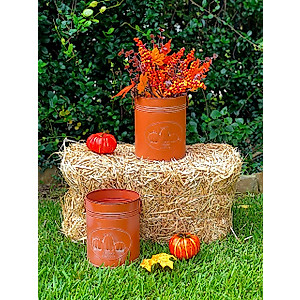 DNS Happy Harvest Buckets Large Metal Galvanized Burnt Orange Pumpkin Theme Containers Thanksgiving Fall Decorative Organizer (Set of 2) 9.2" & 8.8"