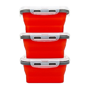 CCyanzi 3piece Collapsible Food Storage Containers with Lids, Silicone Lunch Container, Microwave & Freezer Safe, Space Saving for Kitchen Cabinet and Camping Backpack,(red gray)