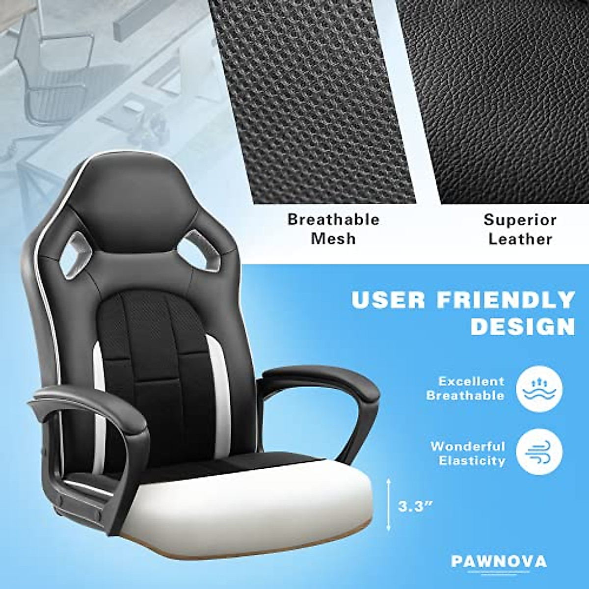 Shahoo Office Chair Swivel Task Seat with Mesh Back, Ergonomic Waist Support, White