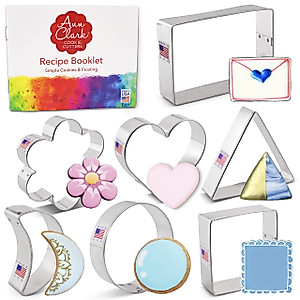 Basic Geometric Classic Shapes Cookie Cutters 7-Pc. Set Made in USA by Ann Clark, Heart, Circle, Square, Rectangle, Triangle, Crescent Moon, Flower