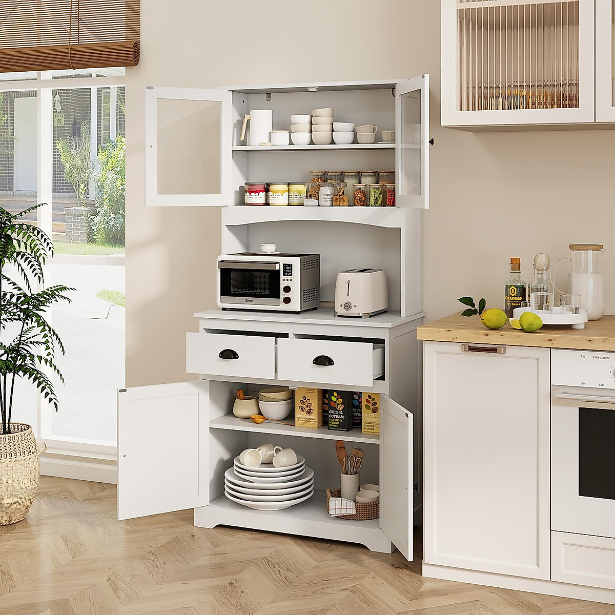 SILKYDRY 67” Kitchen Hutch Storage Cabinet, Tall Pantry Buffet Cabinet with Glass Doors, Adjustable Shelves, 2 Large Drawers, Dining Room Cupboard, Kitchen Hutch with Countertop