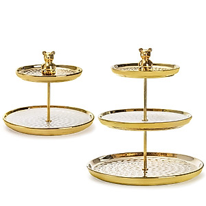 Tosnail Set of 2 Porcelain Cupcake Stand, Ceramic Dessert Stand Tiered Serving Trays, 3 Tiers and 2 Tiers Cake Stand Party Serving Trays, Fruit Pastry Holders for Wedding and Party - Gold Bear Rod