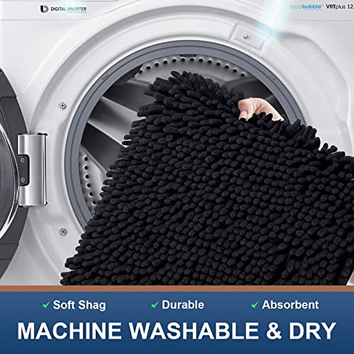 Smiry Luxury Chenille Bath Rug, Extra Soft and Absorbent Shaggy Bathroom Mat Rugs, Machine Washable, Non-Slip Plush Carpet Runner for Tub, Shower, and Bath Room(32''x20'', Black)