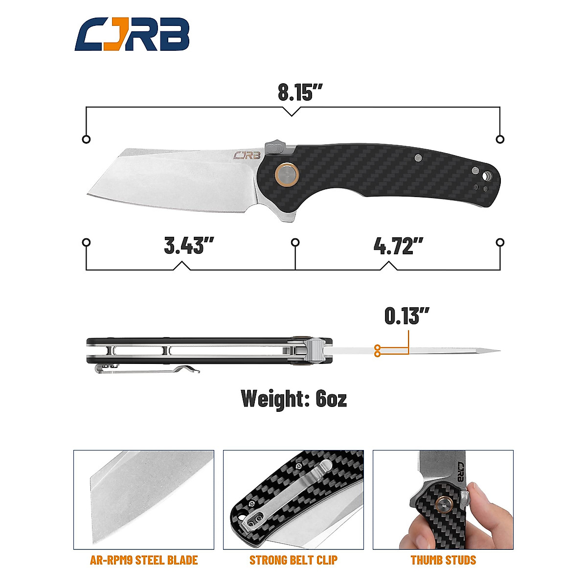 CJRB Crag Tactical Knife,Cleaver Pocket Folding Knife with Stonewash AR-RPM9 Steel Blade and Carbon Fiber Handle for Men Outdoor, Survival, Camping and EDC Black (J1904R)