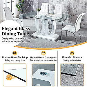 Pvillez Glass Dining Table for 6 People, 63" Modern Glass Dinner Kitchen Table for Dining Room Kitchen, Rectangular Glass Top Dining Table with White High Gloss Dual Oval Base Pedestal Dining Table