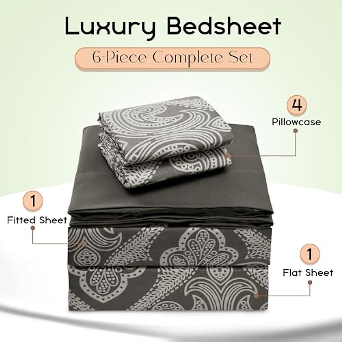 Lux Decor Queen Sheet Set, 6-Pc Cooling Bed Set, Breathable Hotel Style Sheets, Microfiber Sheets Deep Pockets, Easy-Fit, Soft & Wrinkle Free Oeko-Tex Paisley Bed Sheets (Queen, Grey)