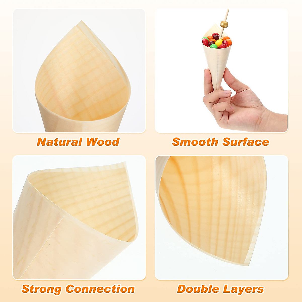 Food Cones 100 Pcs Disposable Wood Cones for Food with 12 Holes Ice Cream Cone Display Stand Charcuterie Cones Holder 100 Fancy Toothpicks for Appetizers Catered Events Buffets Parties (Straight)