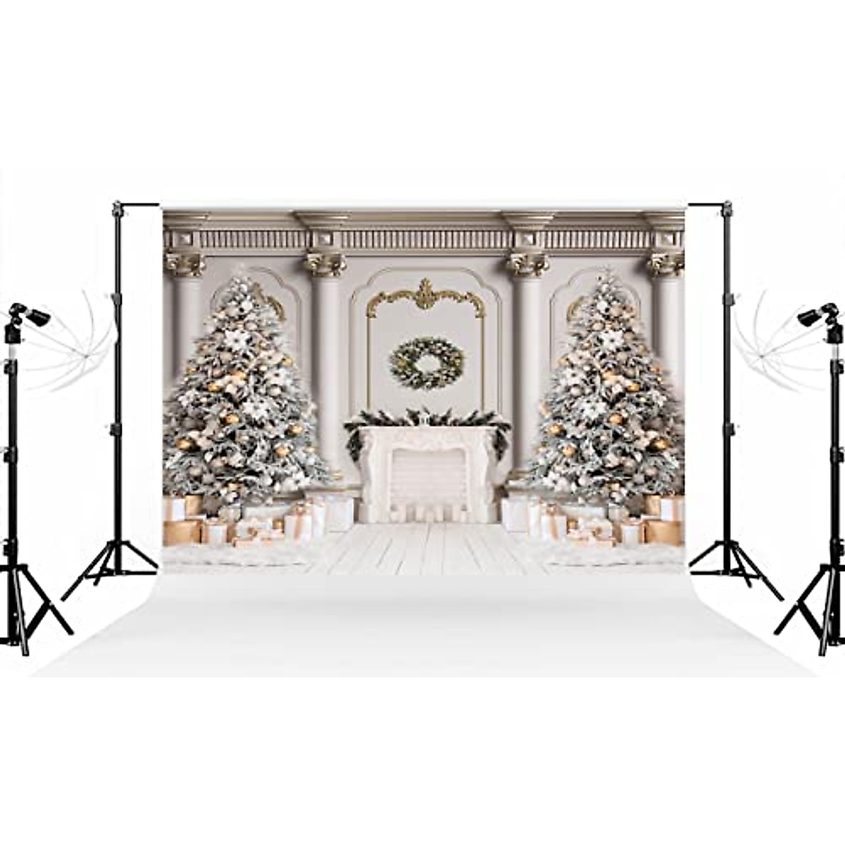 Kate 10×10ft (3×3m) Christmas Tree Photo Backdrop Xmas Palace Classic Indoor White Fireplace Gifts Decoration Photography Background for Christmas New Year Photographer Studio Props