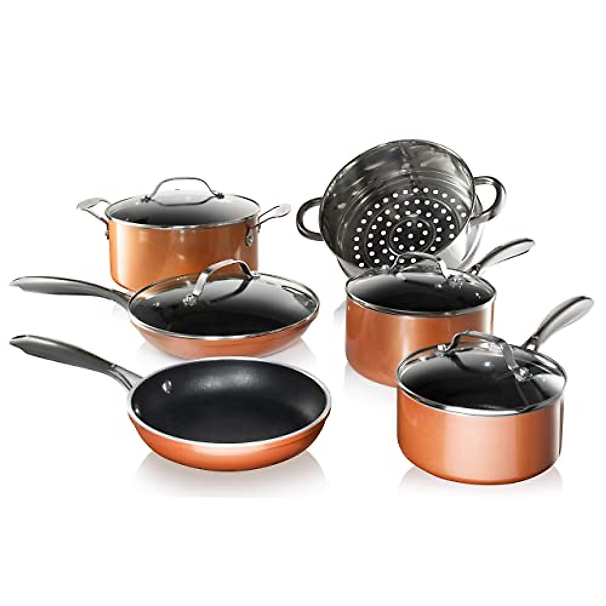 Gotham Steel Copper Cast 10 Piece Pots and Pans Set with Ultra Nonstick Diamond Surface, Includes Frying Pans, Stock Pots, Saucepans & More, Stay Cool Handles, Oven & Dishwasher Safe, 100% PFOA Free