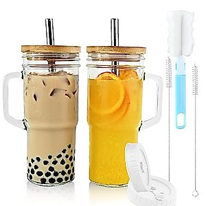 Glass Cups with Bamboo Lids and Straws,24oz Tumbler With Handle,2 Pack Mason Jar with Lid and Straw-Wide Mouth Reusable Drinking Glasses,Boba Cup Smoothie Tumbler Iced Coffee Cup Travel Mug
