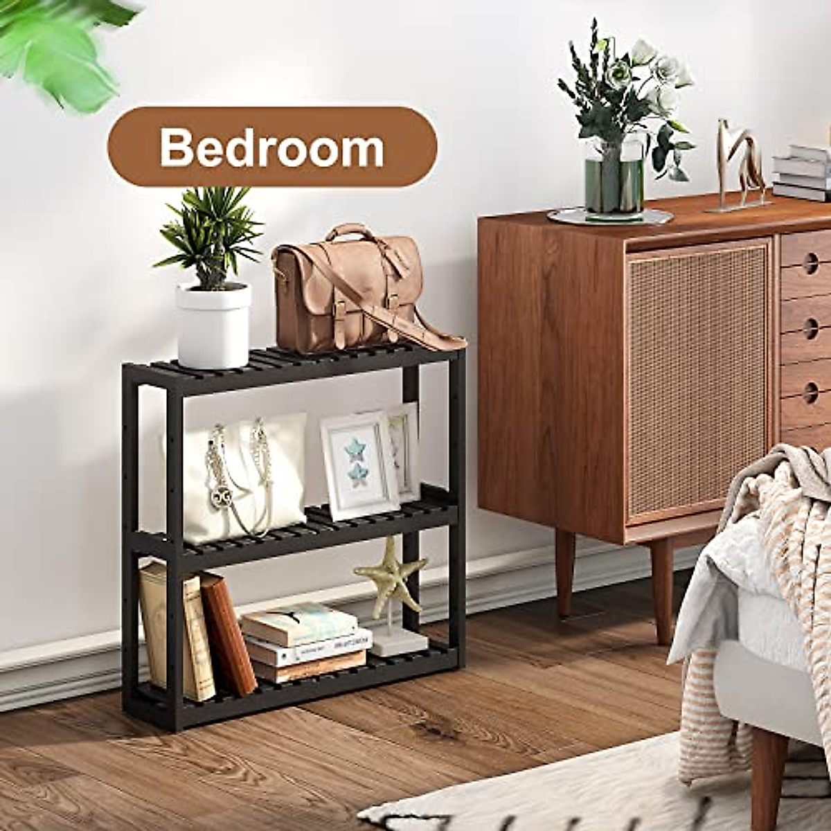 FILWH Bathroom Shelf Bamboo Organizer Rack Adjustable 3-Tier Storage Shelf Wall Mounted Storage Rack Over The Toilet Utility Shelves Living Room Kitchen Shelf(Black)