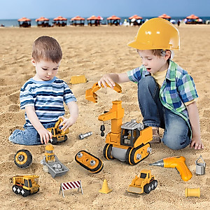 JIFTOK Constrcution Truck Toy Car for 3 4 5 6 7 8 Year Old Boys, Take Apart Toys with Electric Drill, Building Toy Playset with Excavator Toy, Tractor Toy for Kid 3-5 4-8 Christmas Birthday Gifts