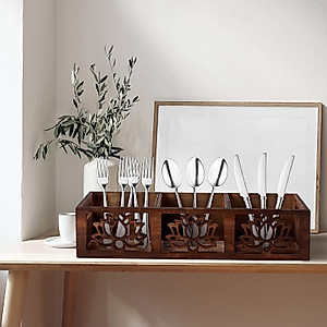 3 Slot Wooden Silverware Utensil Desk Organizer Caddy Utensil Organizer Cutlery Pen Pencil Caddy Desktop Storage with 3 Compartments Multiuse for Kitchen Office Supplies