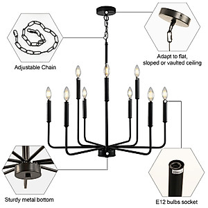 Black Chandelier, Modern Farmhouse Chandeliers for Dining Room 9-Lights Candle Pendant Lights Kitchen Island Rustic Industrial Black Metal Hanging Light Fixtures for Living Room Bedroom Entryway
