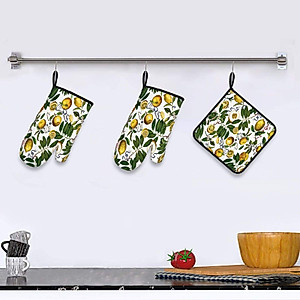 Watercolor Yellow Lemon Oven Mitts and Pot Holders Set of 3 Lemons Hot Pads with Non-Slip Heat Resistant Microwave Golves for Kitchen Cooking Grilling BBQ