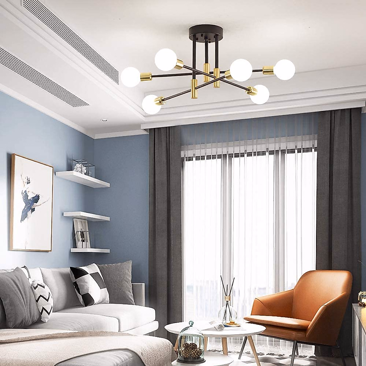 Sputnik Chandelier Modern Ceiling Light Fixture Mid Century Black and Gold Industrial Pendant Light Semi Flush Mount Lighting for Living Room Dining Room Bedroom Kitchen Bar Cafe