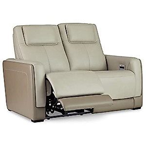 Signature Design by Ashley Battleville Contemporary Leather Power Reclining Loveseat with Adjustable Headrest, Light Gray