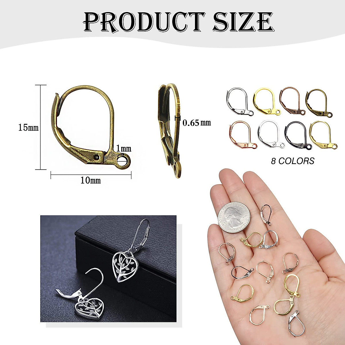 TOAOB 200pcs 8 Colors Leverback French Earring Hooks Hypoallergenic Brass Dangle Earwires with Open Loop 10x15mm Earring Parts Jewelry Making Findings
