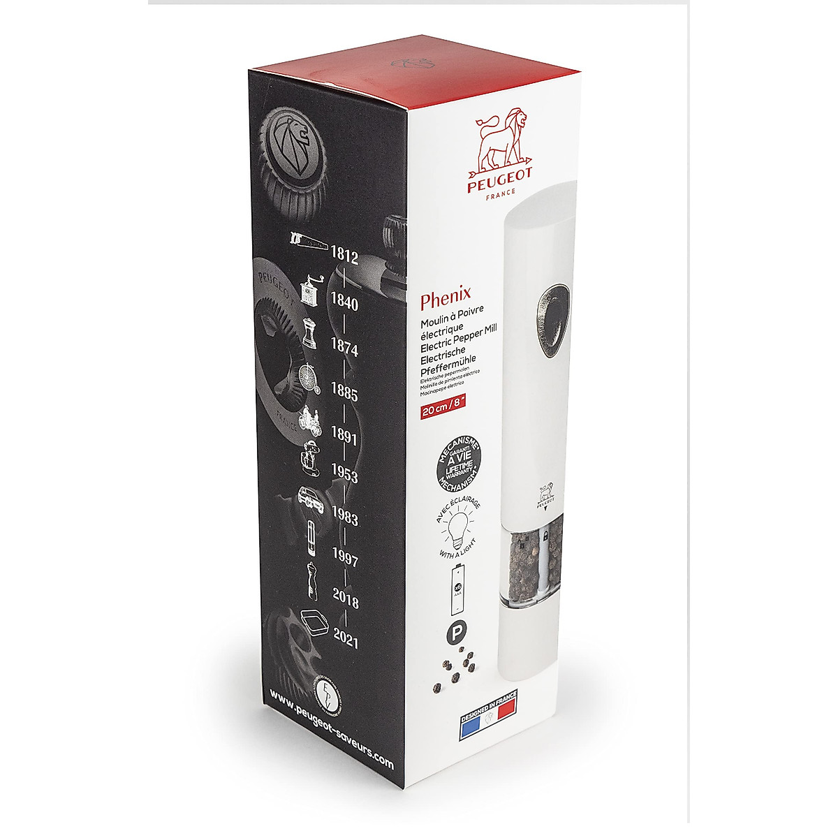 Peugeot PHENIX Stainless Steel Electric Adjustable Salt & Pepper Mill Gift Set, 8-inch (White Lacquer)