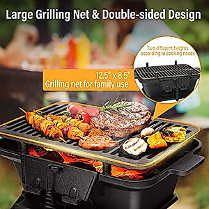 Happygrill Charcoal Grill Portable Barbecue Smoker Grill, Cast Iron Hibachi Grill with Double-sided Grilling Net Air Regulating Door Fire Gate for Outdoor Cooking Camping Hiking Party