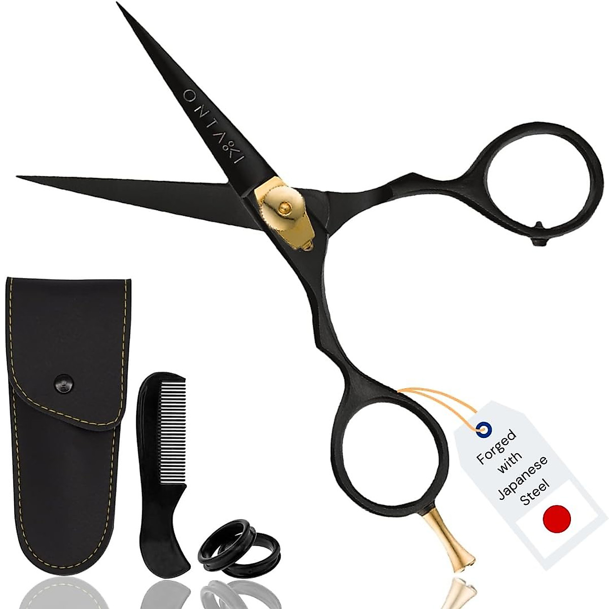 Ontaki 5.5" Beard & Hair Trimming Scissors - Professional Japanese Steel Hand-Forged Barber Shears for Mustache, Bangs, Men, Pets (Gold & Black) - Hair Scissors