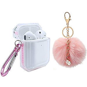MOLOVA Case for Airpods 1 Case, Protective Soft TPU Clear Cover with Keychains Silicone Skin Cover with Cute Four Leaf Clover Fluffy Fur Ball for Kids Teens Boys Girls (Clear Pink)