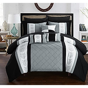 Chic Home CS1644-AN Clayton 10 Comforter Pin Tuck Pieced Block Embroidery Bed in A Bag with Sheet Set Black, Queen, Grey
