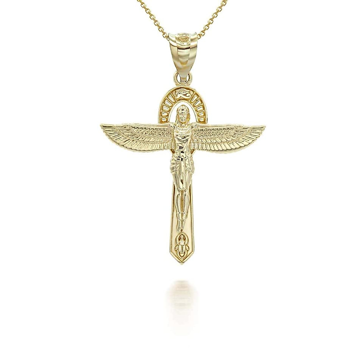 Ancient Egypt Jewelry Horus 14K Yellow Gold Ankh Winged Cross Egyptian Goddess Isis Pendant Necklace, 18"