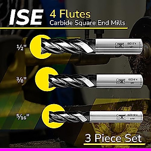 SPEED TIGER Carbide Square End Mill - ISE 4T (3 Piece Set: 5/16”, 3/8”, 1/2”) - for Drilling Alloy or Hardened Steel, Metal & More - 4 Flute – Mill Bits Sets for DIYers & Professionals