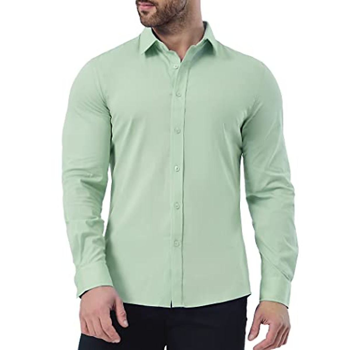 ZAFUL Men Long Sleeve Green Dress Shirt Stretch Wrinkle-Free Casual Slim Fit Button-Down Shirts Light Green XL
