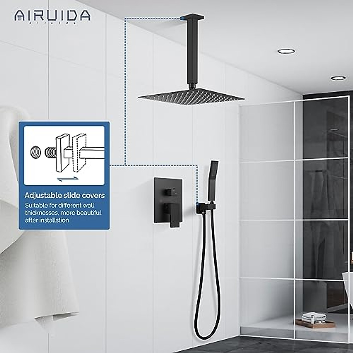 Airuida Matte Black 12 Inch Rainfall Shower System, Ceiling Mount Shower Faucet, Bathroom Shower Fixture with SUS304 Ultra-thin Rainfall Shower Head, Brass Handheld Shower Mixer with Rough-in Valve